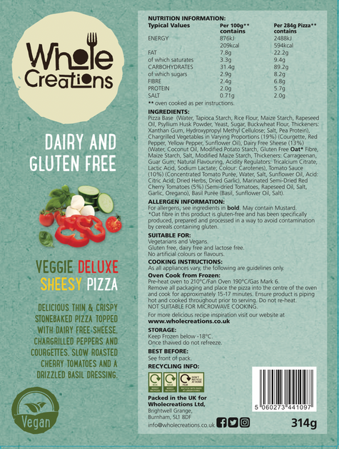 Dairy and Gluten Free Veggie Delux Sheesy Pizza - 314g | wholecreations